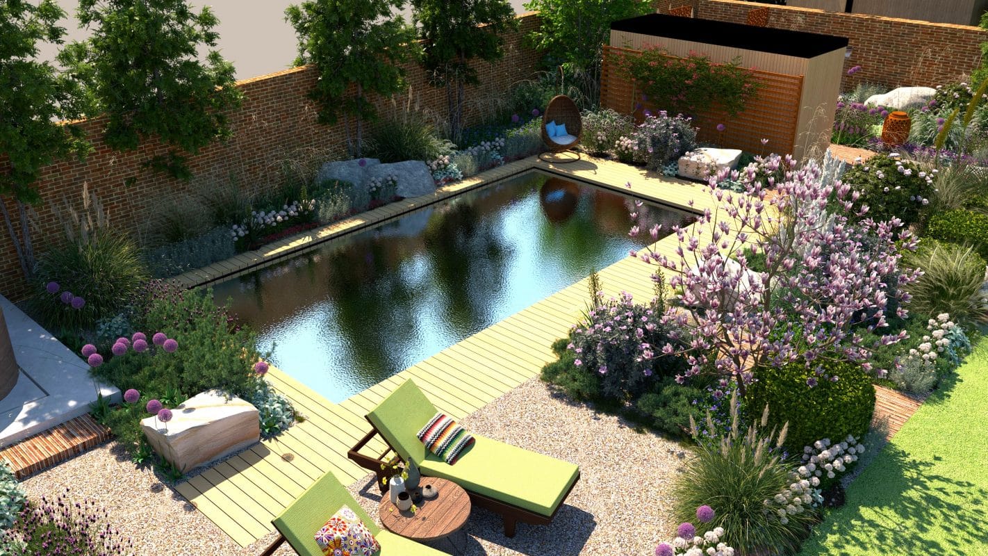 Swimming pool garden with outdoor sauna for a listed property